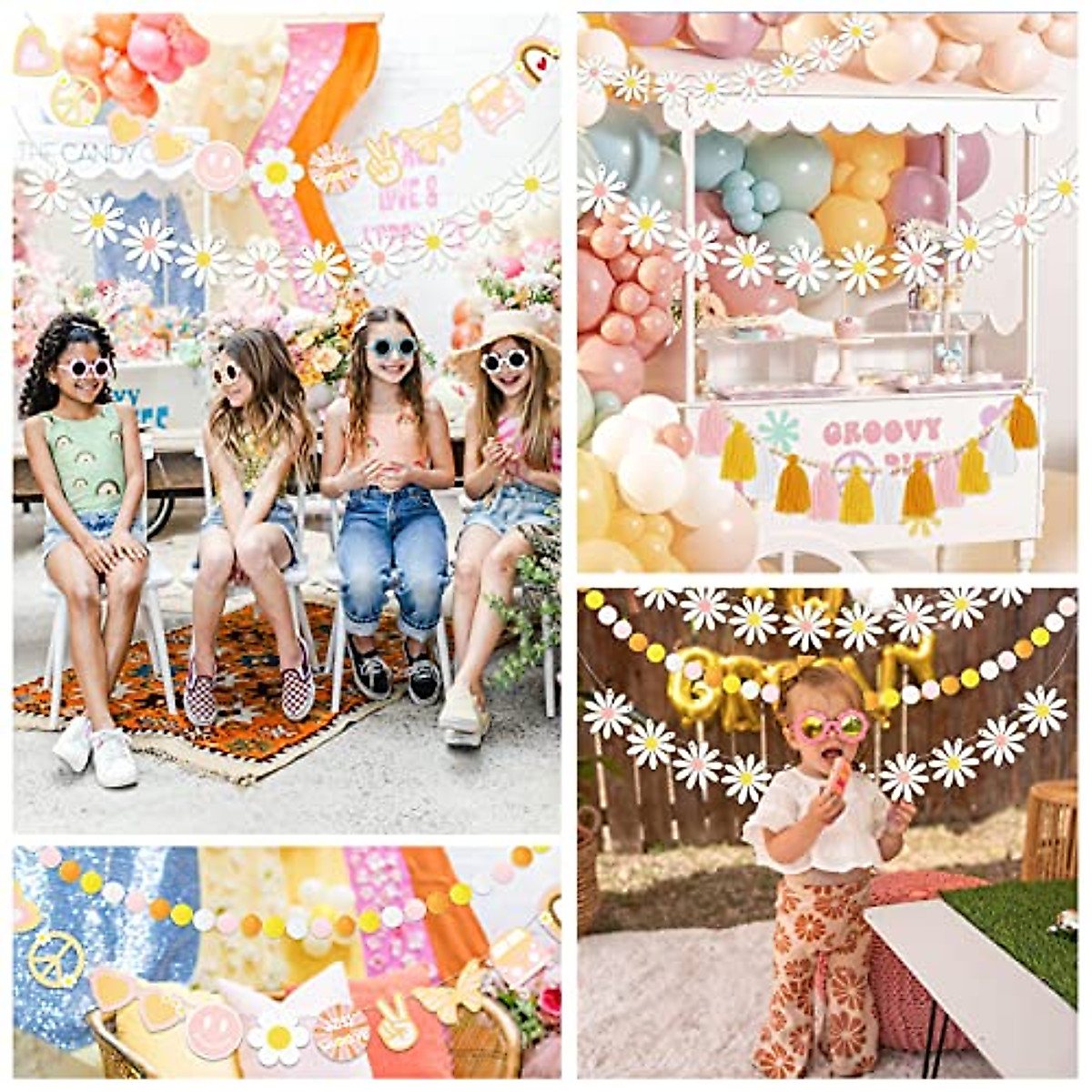 Groovy Party Decoration Garland 5Pcs, Groovy Hippie Banner Daisy Boho Tassel Garland Decor, Pre Strung Pom Pom Spring Party Supplies Hippie Party Decorations for Wall Window Home Room (Pink)