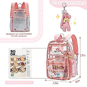 Maod Clear Backpack Heavy Duty Stadium Approved PVC Transparent Large School Book Bag with Free Sticker and A Pendant (Pink)