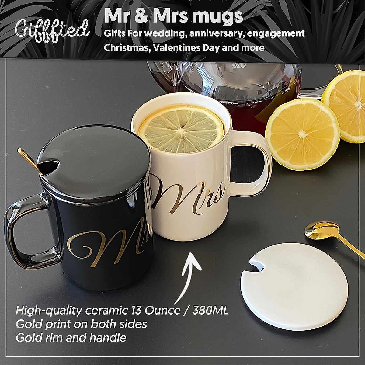 Triple Gifffted Couples Gifts For Wedding Anniversary, Engagement, Christmas, Mr and Mrs Mugs, Him Her, His Hers, Newlywed Couple Gift, Bride Groom, Lids Teaspoons, Ceramic, 380ML