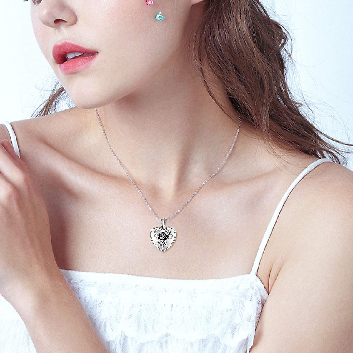 Cuoka Heart Rose Flower Locket Necklace 925 Sterling Silver Rose Pendant Necklace That Holds Pictures,Custom Photo Box Necklace Jewelry for Women Men