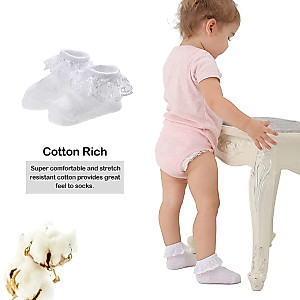 Marchare Baby Lace Socks 3 Pack Infant Baby Girls' Ruffle Frilly Socks Eyelet Princess Cotton Socks,White 6-12 Months