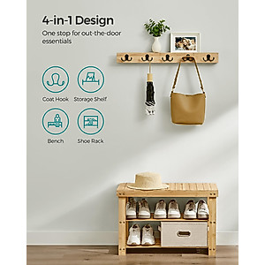 SONGMICS Hall Tree with Bench, Coat Rack Shoe Bench Set, Entryway Furniture, Multifunctional, 5 Double Metal Hooks, 3-Tier Bamboo Shoe Rack, for Entryway, Hallway, Bedroom, Natural Beige ULCR004N01