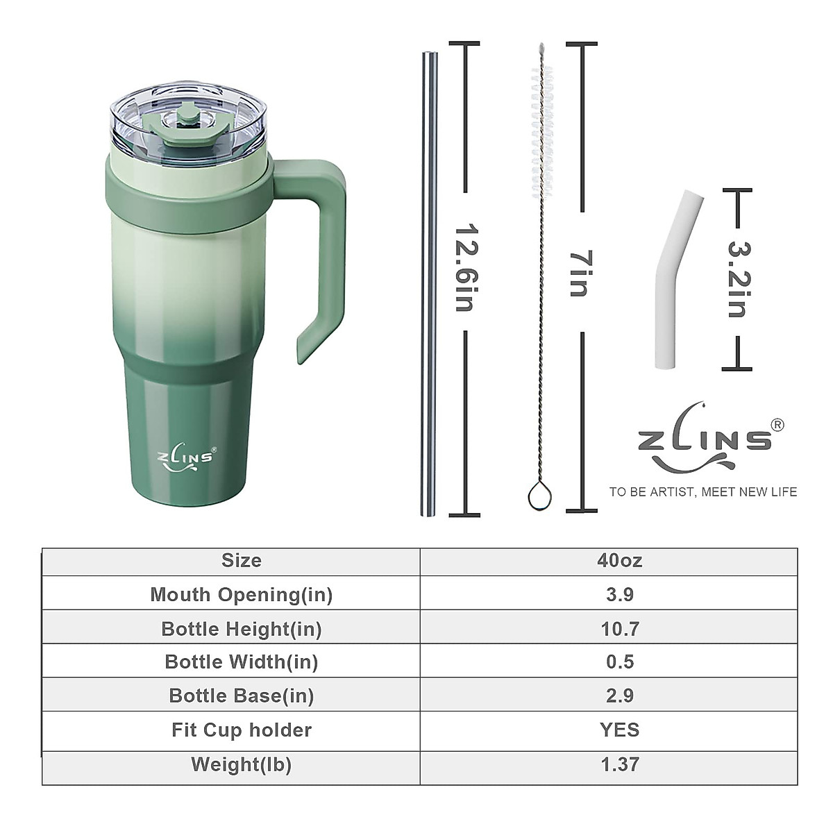 ZLINS 40 oz Tumbler with Handle Lid and Straw, Vacuum Insulated Cup, Leak Proof Stainless Steel Coffee Travel Mug, Reusable, Keeps Cold or Hot for Hours(Green Ombre)