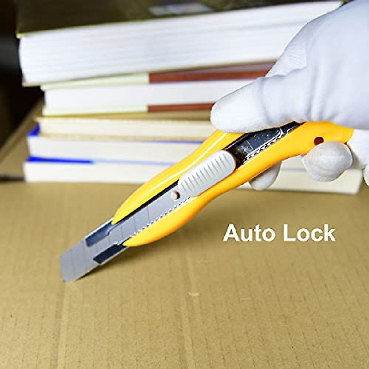 KINBRIEF 18mm Auto Lock Utility Knife Retractable Box Cutter for Cartons,Carboards Arts Crafts Pack 1 with 10 Snap off High Carbon steel art Blades for Office and Home,white push Yellow