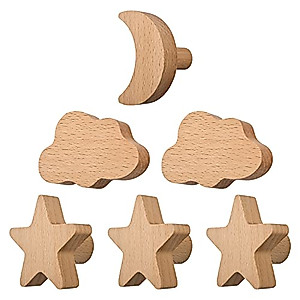 Morobor 6pcs Cloud Moon Star Shape Wooden Wall Hooks, Cabinet Door Handle, Nordic Style Decorative Hook Used for Bedroom, Living Room, Porch, Especially Children's Room