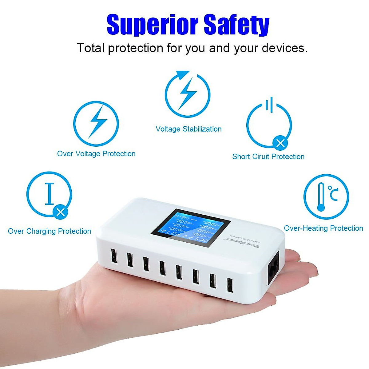 Vanbon 60W 8-Port USB Wall Charger, Multi Port USB Charger Charging Station W/LCD Compatible with Smart Phone, Tablet and Multiple Devices