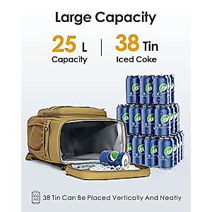TACTICISM Backpack Cooler 38 Cans Tactical Lunch Backpack for Men Work - Molle Soft Cooler Backpack Insulated Waterproof Leak Proof - Camping Beach Kayaking Hiking Fishing Accessories - Brown