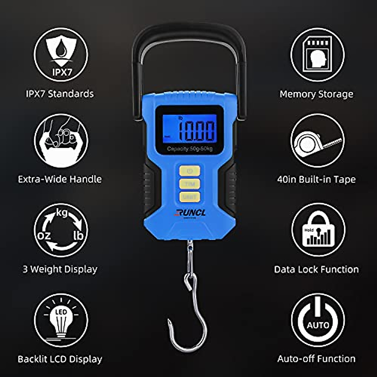 RUNCL Waterproof Fishing Scale with Lip Gripper, Fluorescent Button Digital Fish Scale 110lb/50kg - Backlit LCD Display, 40in Tape Measure - Hanging Scale for Home and Outdoor(Blue)