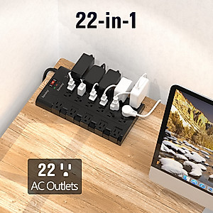 Power Strip Surge Protector, SUPERDANNY 22 AC Multiple Outlets, 2100 Joules, 1875W/15A, 6.5Ft Flat Plug Heavy Duty Extension Cord for Home, Office, Dorm, Gaming Room, Black