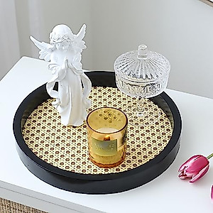 SwallowLiving Decorative Round Serving Tray with Imitated Rattan Handmade Ottoman Tray Boho Basket Wooden Black Frame Storage Tray 11.8” x 1.3“