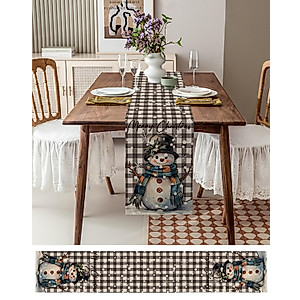 Christmas Snowman Table Runner 36 Inches Long Farmhouse Dress Scarves, Black and White Checkered Winter Snowflake Dining Tablerunner for Coffee Table/Kitchen Island/Party Décor, Small 13" x 36"