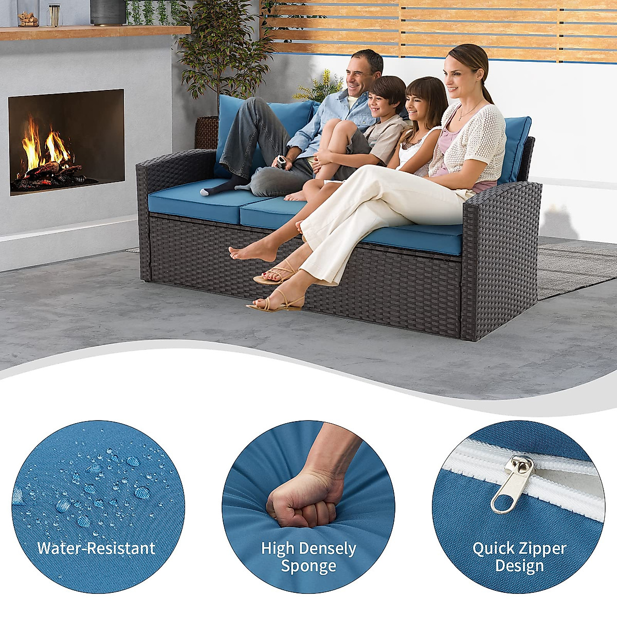 HOMREST 6 Pieces Patio Furniture Sets Clearance, Patio Dining Sofa Set Outdoor Sectional Sofa Conversation Set All Weather Wicker Rattan Couch Dining Table & Chair (Blue)