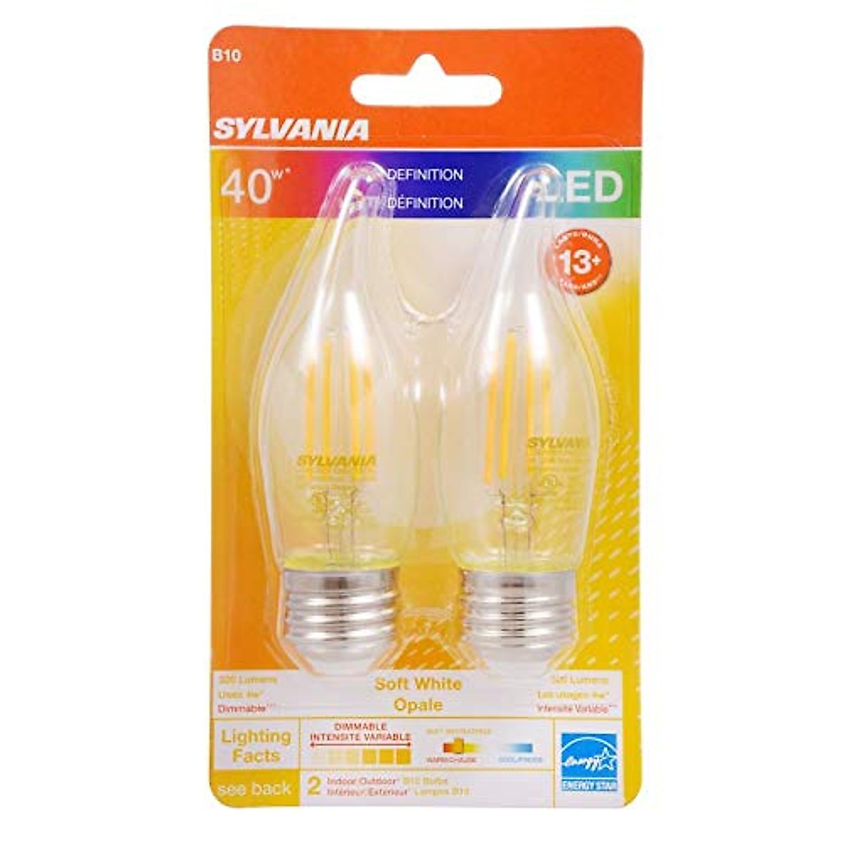 SYLVANIA B10 High-Definition LED Light Bulb, 4W Equivalent, 13 Year, Bent Tip, Medium Base, 320 Lumens, 2700K, Soft White, Clear - 2 Pack (40184)