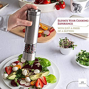 Electric Salt and Pepper Grinder Set - Battery Operated Stainless Steel Mill with Light (2 Mills) - Automatic One Handed Operation - Electronic Adjustable Shakers - Ceramic Grinders