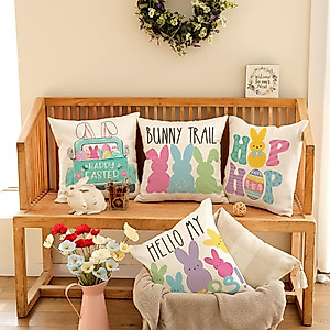 GEEORY Easter Pillow Covers 18x18 Set of 4 Easter Decorations for Home Bunny Truck Hello Peeps Hip Hop Pillows Easter Decorative Throw Pillows Spring Easter Farmhouse Decor