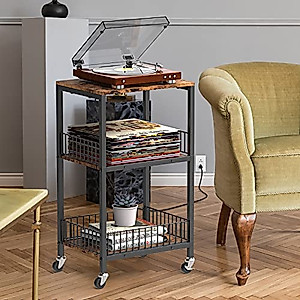 NORCEESAN End Table with Charging Station 3-Tier Side Table with USB Ports and Outlets Nightstand with Wheels Bedside Table with Storage Shelves for Bedroom, Living Room, Rustic Brown