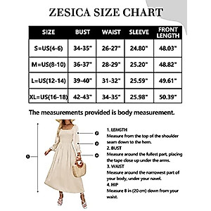 ZESICA Women's Casual Square Neck 3/4 Puff Sleeve Solid Color Smocked High Waist Flowy Midi Dress,Beige,Small