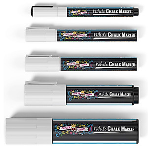 CHALKY CROWN 5pc White Chalk Markers - Non-Toxic Liquid Chalkboard Markers, White Liquid Chalk Marker for Windows, Glass - 1, 3, 6, 10, 15mm Tips