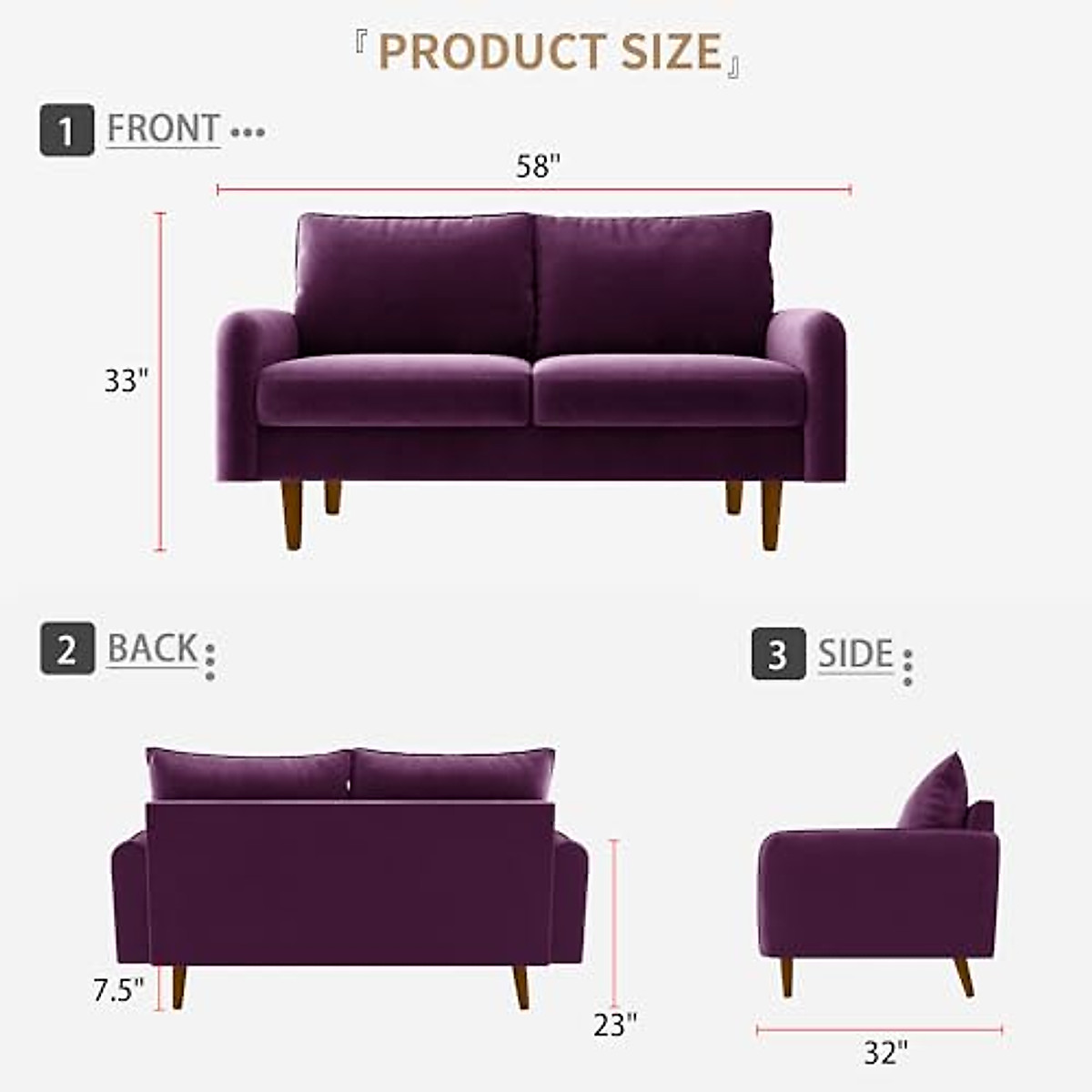 SILKIR Mid-Century Modern Small Spaces Comfy Velvet Living Room,Office,and Apartment,Loveseat Couch Sofas, 58 & 70 Inch, Eggplant