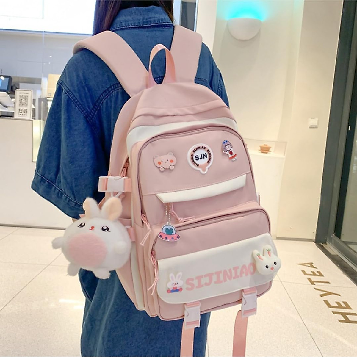 MIFJNF Cute Backpack Kawaii Backpack for School Aesthetic Backpack Kawaii School Supplies Cute Backpacks with Accessories (Pink)