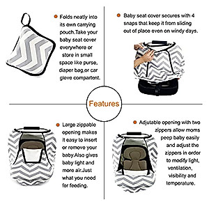 ACRABROS Car Seat Covers for Babies,Winter Infant Carseat Cover Canopy for Boys and Girls,Super Stretchy Adjustable Peeping Window with Mesh Cover,Warm Breathable Universal Fit, Grey White Chevron