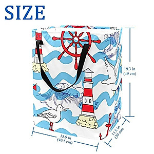Seagull Lighthouse Wheel Wave Sea Ocean Pattern Print Collapsible Laundry Hamper, 60L Waterproof Laundry Baskets Washing Bin Clothes Toys Storage for Dorm Bathroom Bedroom