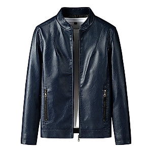 Maiyifu-GJ Mens Full Zip Biker Jacket Winter Warm Faux Leather Motorcycle Jackets Lightweight Casual Pu Bomber Coat (Blue,Medium)