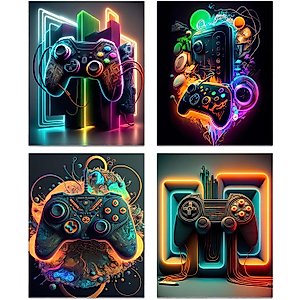 TOCDGOO Gaming Controller Wall Art Game Wall Decor, Retro Video Game Art Posters Cool Game Handle Canvas Prints for Gamers Girls' Accessories and Boys' Gaming Bedroom Decor, 4-Set (8"x10" Unframed)