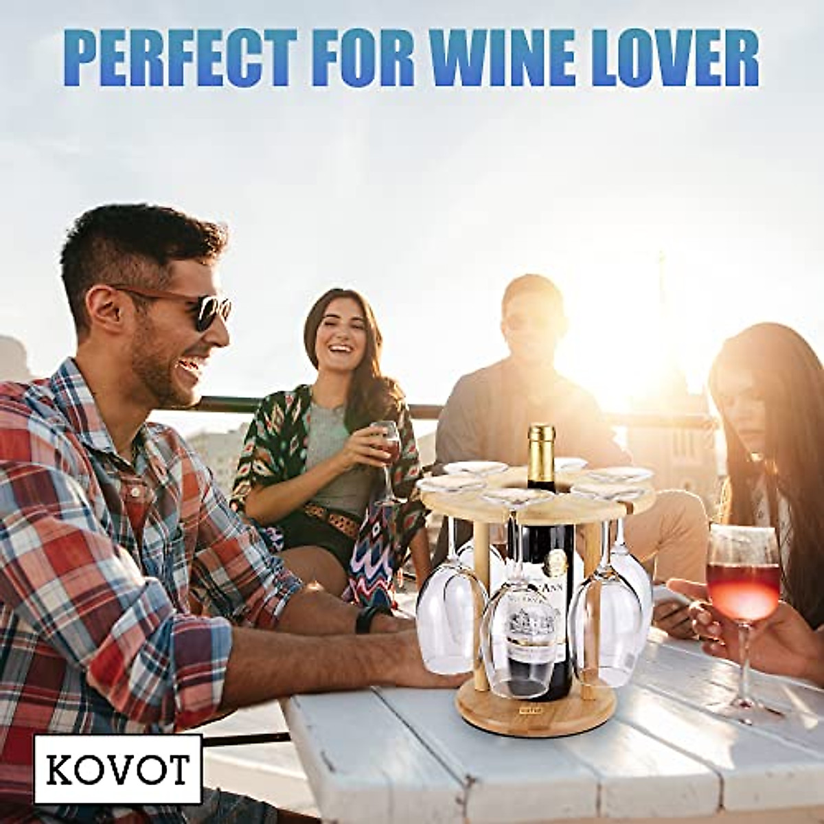 KOVOT Bamboo Countertop Wine Glass Rack – Holds 6 Stemmed Wine Glasses and 1 Wine Bottle – Durable and Reliable Tabletop Centerpiece – Simple But Stylish Wine Glass Holder – Perfect for Home & Bars.