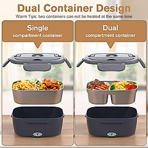 Vabaso Electric Lunch Box for Adults, 80W Heated Lunch Box with 2 Stainless Steel Container, 1.5L Portable Food Warmer Lunch Box for Work Men Car Truck, 110V/12V/24V/220V