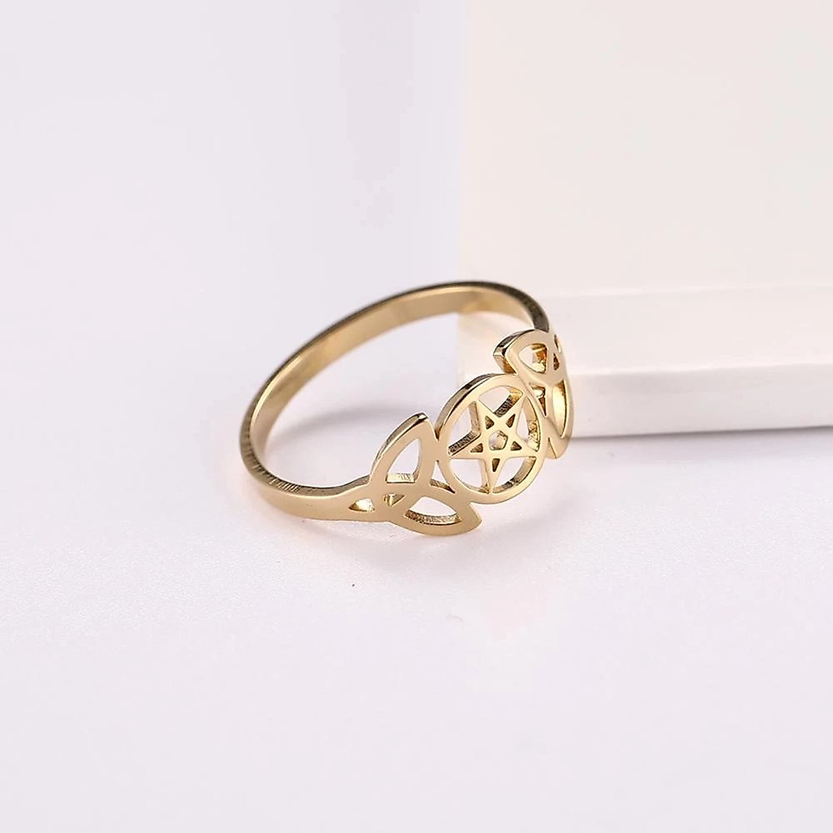 Fantasy Forge Jewelry Gold Triple Goddess Ring 316L Surgical Stainless Steel Pentacle Crescent Moon Trinity Band (10)