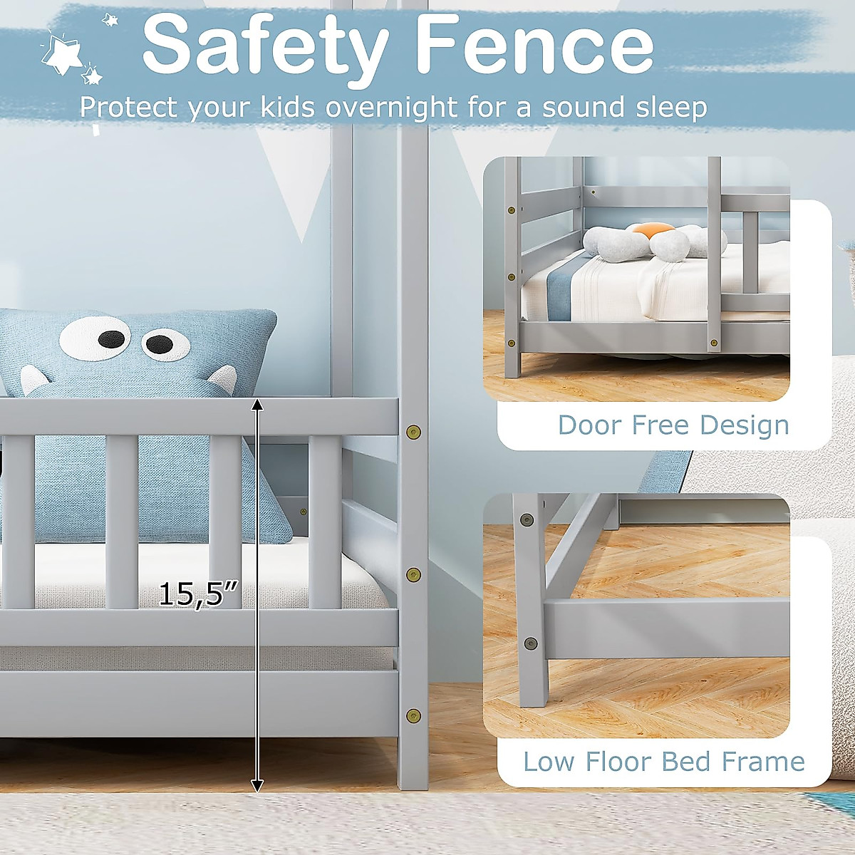 Giantex Twin Floor Bed with Fence, Wood Montessori Bed with Safety Guardrails and 80.5" High Roof Design, Without Slats, House Bed Frame, Low Floor Bed Twin for Kids, Girls, Boys (Grey)