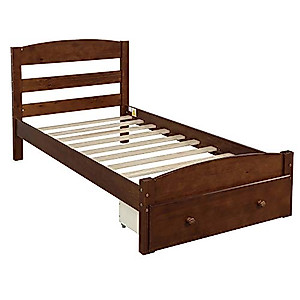 Platform Twin Bed Frame with Storage Drawer and Wood Slat Support No Box Spring Needed (Walnut)