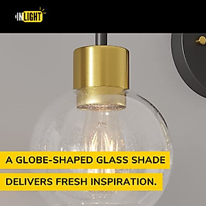 Inlight 16" Wide Black and Brushed Gold 2-Light Vanity Bath Light with Clear Seedy Glass Globe Shades, Bulb Not Included, IN-0443-2-GD