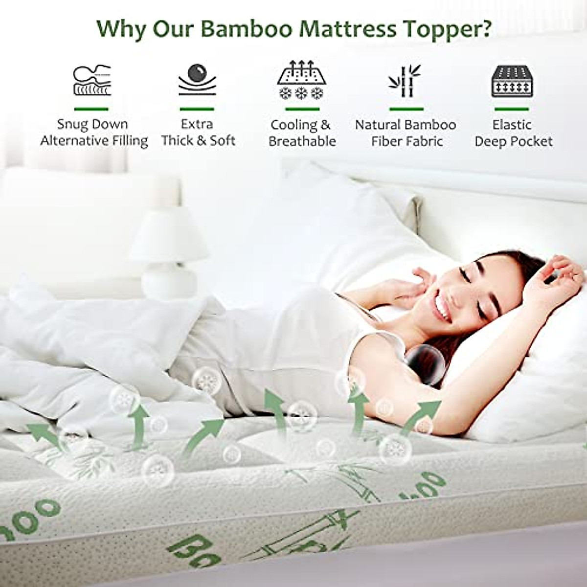 Bamboo Mattress Topper King Size with 8-21" Deep Pocket Mattress Pad for Back Pain Pillow Top Mattress Cooling Cover Quilted Mattress Protector with 1200 GSM Down Alternative Fill (76x80)