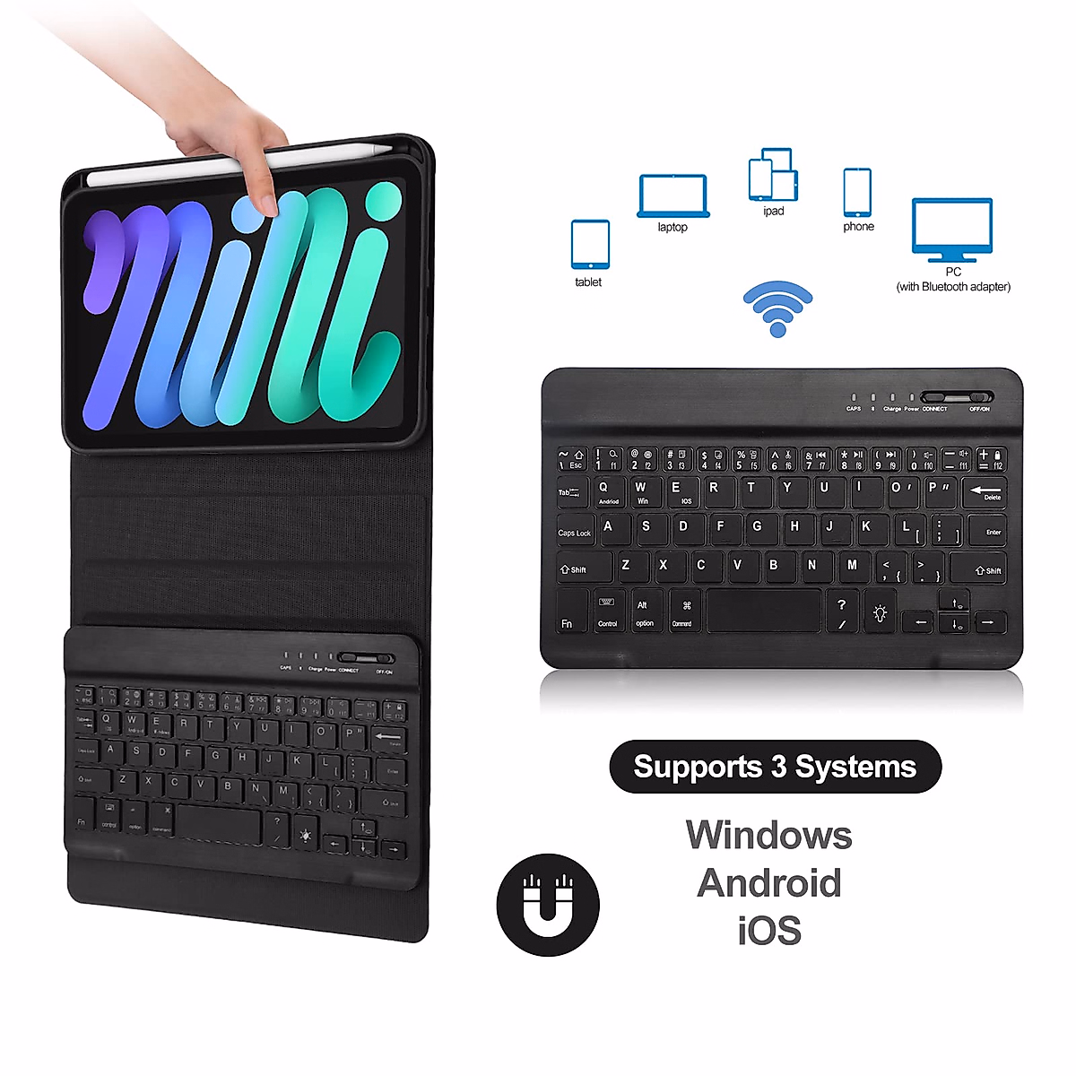 BORIYUAN iPad Mini 7th Gen 2024 (A17 Pro) & iPad Mini 6 Keyboard Case 2021, Detachable Wireless Keyboard, 7 Color Backlit, Slim Folio Cover with Pencil Holder for iPad Mini 7th/6th Gen 8.3 inch Black
