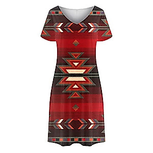 DUOWEI Ladies Casual Short Sleeve V Neck Dress Retro Print Mid Length Knee Length Skirt Red
