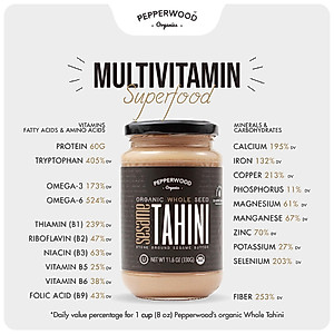 Organic Whole Sesame Tahini Paste - Unhulled & Stone-Ground - Silky Smooth Texture in Hummus, Dips, Dressings - Unsalted, Nut-Free, Kosher, Paleo, Keto 11.6 oz Glass Jar (2-Pack) Pepperwood Organics