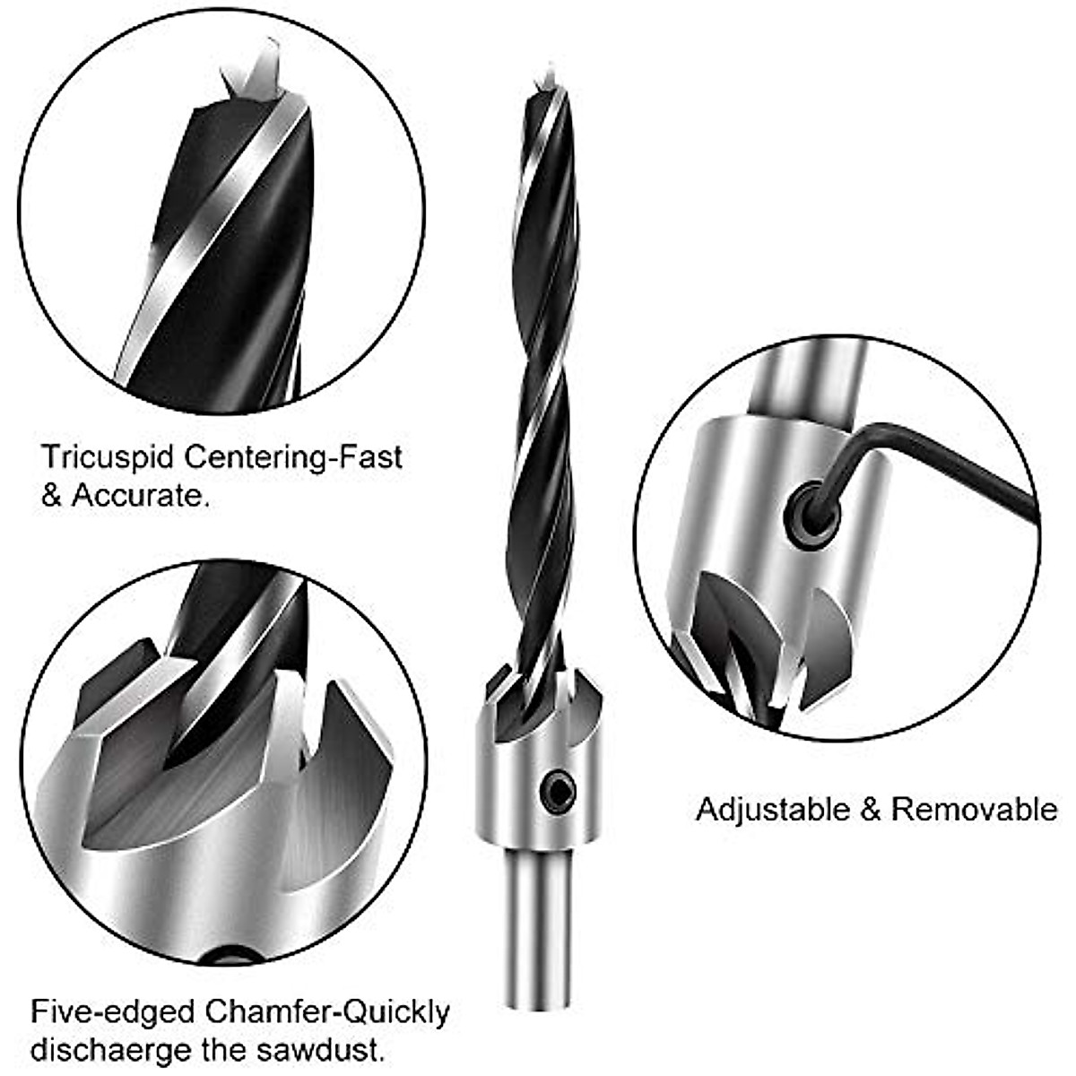 Millie Woodworking Countersink Drill Bit Set,Counter Sink Bit for Wood High Speed Steel, Woodworking Carpentry Reamer, with 1 Free Hex Key Wrench.(7pcs)
