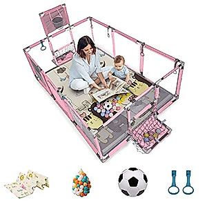 BABY K Baby Playpen with Mat (Pink 71"×47"×26") - Baby Ball Pit Playpen for Babies & Toddlers with Basketball Hoop & Soccer Net - Gated Playyard for Babies and Toddlers for Indoor Or Outdoor