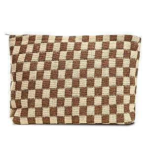 Aoekaff Cosmetic Bags for Women,Large Y2K Makeup Bags for Travel Aesthetic Knitted Purses Checkered Toiletry Bag Makeup Organizer Storage For Women Gift (Khaki)