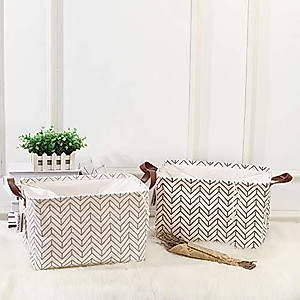 Sea Team Modern Arrowhead Pattern Canvas Fabric Storage Basket Collapsible Geometric Design Storage Bin with Drawstring Cover and PU Leather Handles, 16.5 by 11.8 inches, Waterproof Inner, Grey
