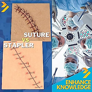Sterile Sutures Thread with Needle, Disposable Stapler and Wire Remover Instrument Plus Waterproof Adhesive Film- Emergency Survival First Aid Field Practice, Wound Tactical Demo, Vet Clinic Use