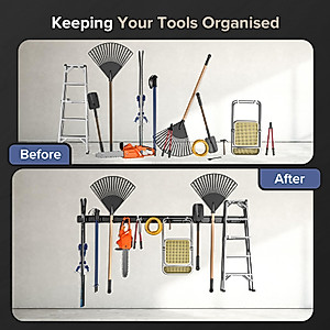 LIHUYAS Garden Tool Organizer Wall Mount Garage Storage Rack 9Pcs, Heavy Duty Tool Garage Organization System for Shovels, Ladders, Chairs,Trimmers, Hoses, Hold Up to 420lbs