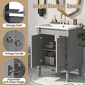 VKKILPEE 24 inch Bathroom Vanity Sink Combo Freestanding Bathroom Vanity with Top Sink, Bath Vanity Storage Cabinet with Large Storage Shelves, Modern Single Sink Bathroom Cabinet, Grey