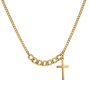 QGoliver Cross Necklace for Women Couple Necklaces Stainless Steel Curb Chain with Lord's Prayer Plain Cross Pendant Necklace for Men, Gold