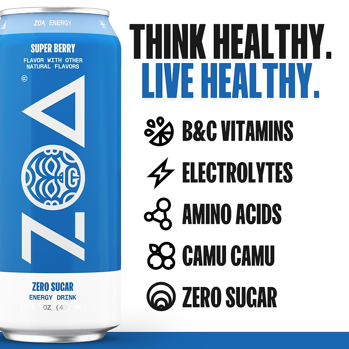 ZOA Zero Sugar Energy Drinks, Super Berry - Sugar Free with Electrolytes, Healthy Vitamin C, Amino Acids, Essential B-Vitamins, and Caffeine from Green Tea - 16 Fl Oz (12-Pack)
