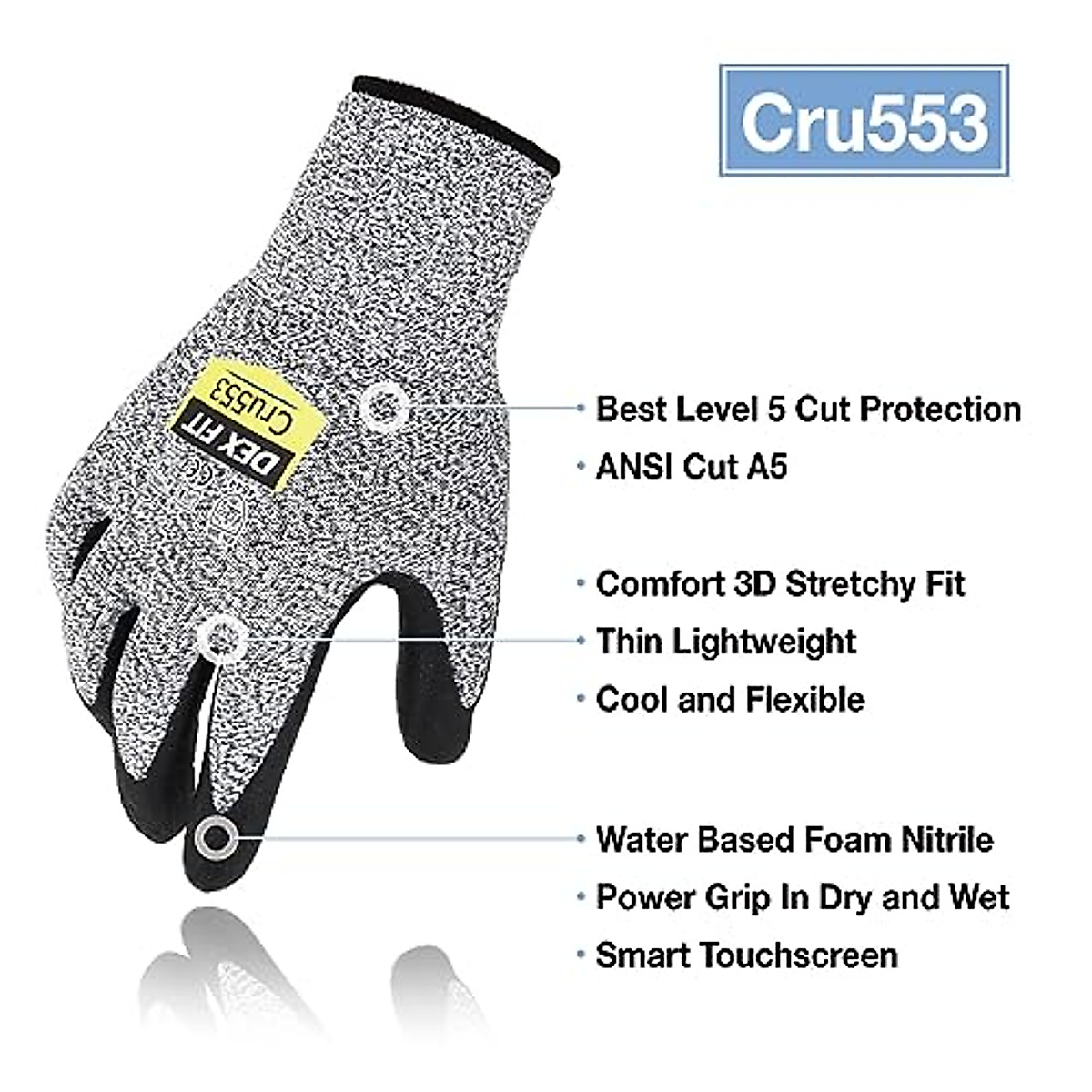 DEX FIT Level 5 Cut Resistant Gloves Cru553, 3D-Comfort Fit, Firm Grip, Thin & Lightweight, Touch-Screen Compatible, Durable, Breathable & Cool, Machine Washable; Grey L (9) 1 Pair