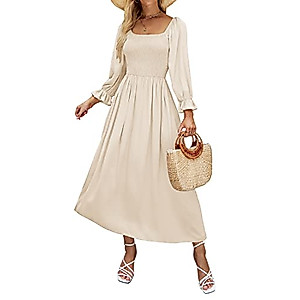 ZESICA Women's Casual Square Neck 3/4 Puff Sleeve Solid Color Smocked High Waist Flowy Midi Dress,Beige,Small