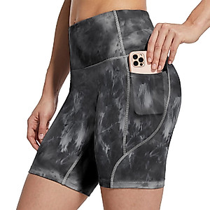 baleaf Biker Shorts Women Yoga Gym Workout Spandex Running Volleyball Tummy Control Compression with Pockets Soft 7" Tie Dye Black M
